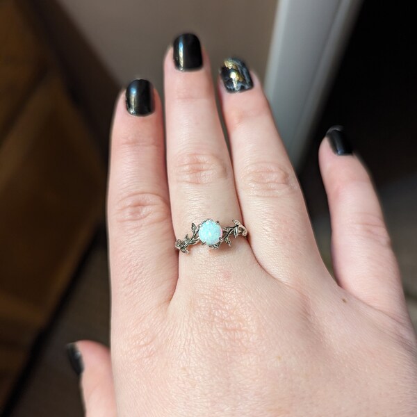 Unique Opal Engagement Ring,nature Inspired Opal Ring,branch Leaf Ring,sterling Silver Bridal ...