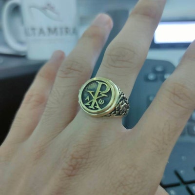 Chi Rho Alpha and Omega Christian Ring, Mens Chi Rho Ring Brass Jewelry ...