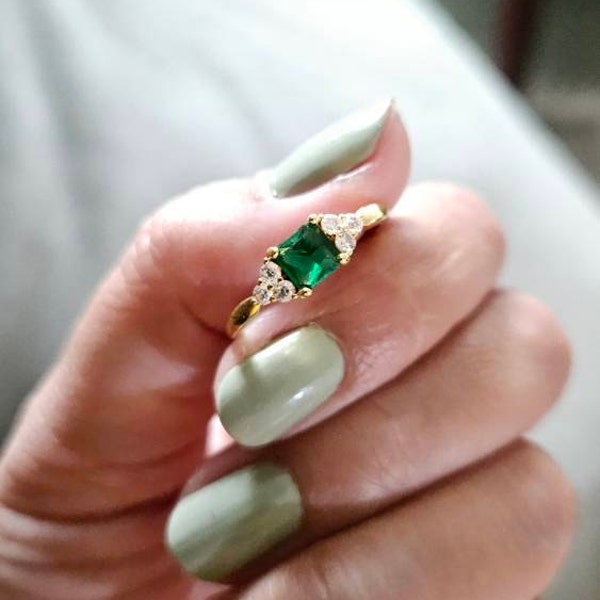 18K Emerald Birthstone Ring, Gold Plating Green Stone Ring, Womens ...
