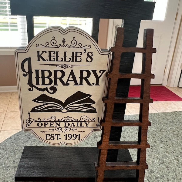 Personalized Book Nook Sign Library, Mini Wooden, With Ladder, Library ...