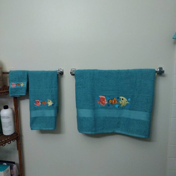 Colorful Fish Trio Embroidered Towels - Pick Size of Set & Towel Color ...