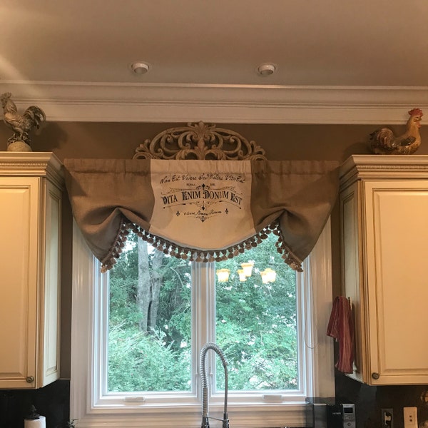 Custom Made Large French Country Script Linen and Burlap Valance - Etsy