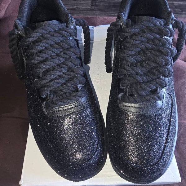 Custom Double Laced Matte Black Af1 With Thick Rope Laces and Blue ...