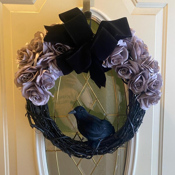 Halloween Raven Wreath, Gothic Crow Wreath, Black Fall Door Hanger ...