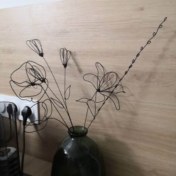 Bouquet de 4 fleurs en fil de fer recuit, coquelicot et fleur des ...