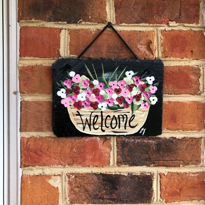 Painted Slate Welcome Sign Garden Slate Sign Floral Welcome - Etsy