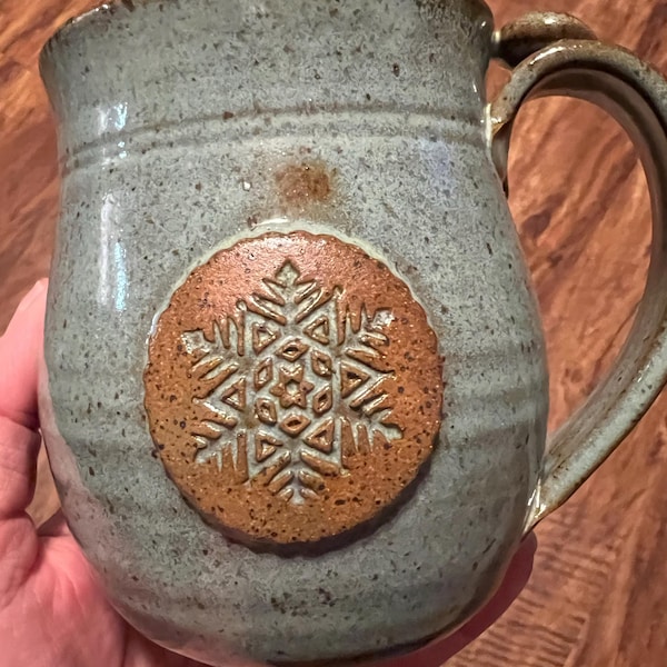Winter Snowflake Pottery Coffee Mug With Thumb Rest Clay Holiday ...