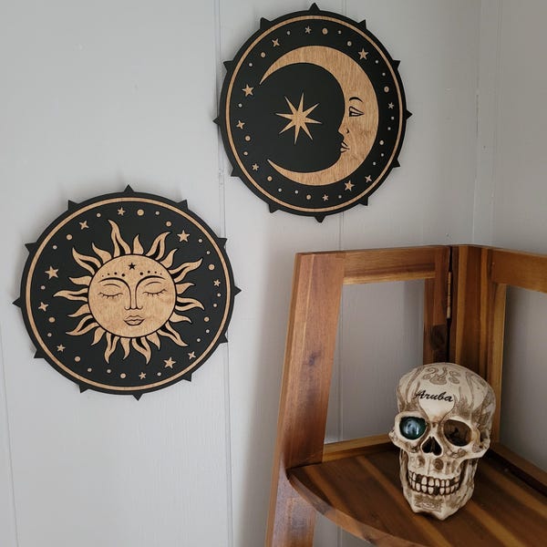 Sun and Moon Wall Art, Carved Wall Hanging Sun and Moon, Celestial Boho ...