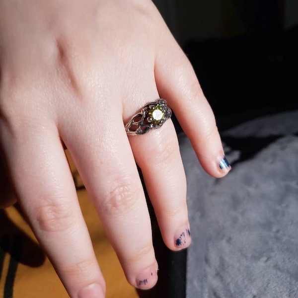 Elven Peridot Wedding Ring, Elven Engagement Ring, Dark Elven Silver ...