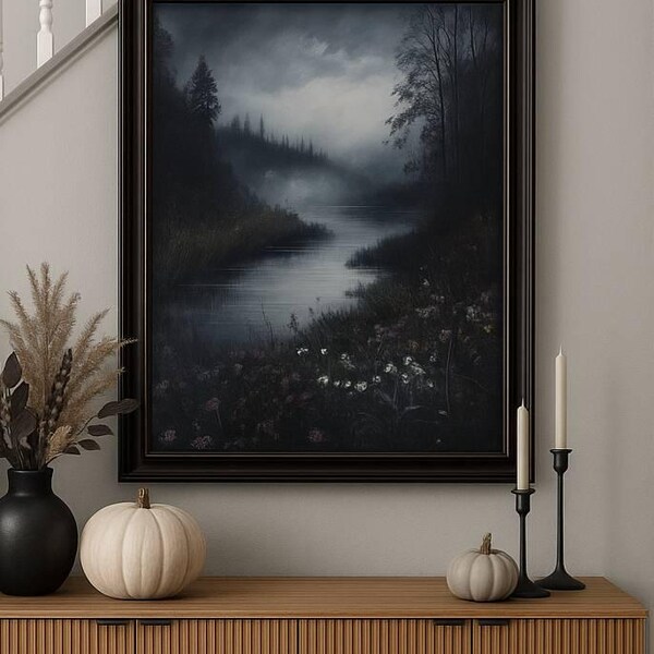 Dark Moody Flower Field Art Print, Dark Cottagecore Art, Dark ...