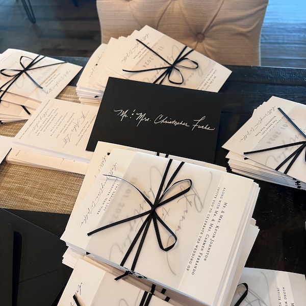 Black and White Wedding Invitation: Line Flower Liner, Vellum Band and ...