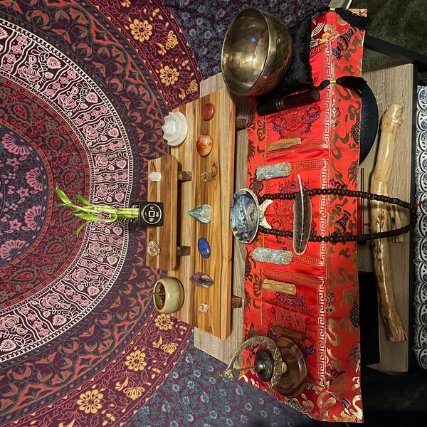 2 Altar Table Set, 2 Tier Altar Tables, Teak Wood, Crystal Shelf, Small ...