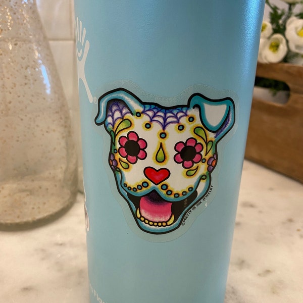 Smiling Pit Bull Sticker Day of Dead Happy Sugar Skull Dog Clear Vinyl ...