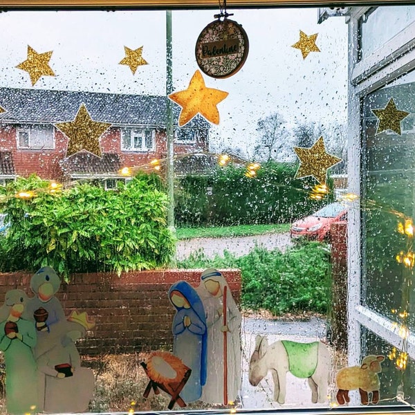 Gold Stars Window Stickers, Christmas Window Stickers, Stars on Strings ...