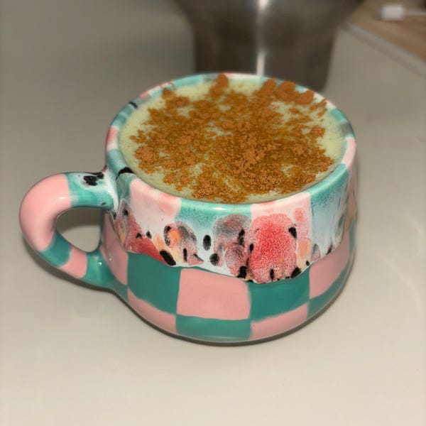 Hand-painted Checkered Ceramic Mug: Green Kitchen Decor, Brushstroke ...