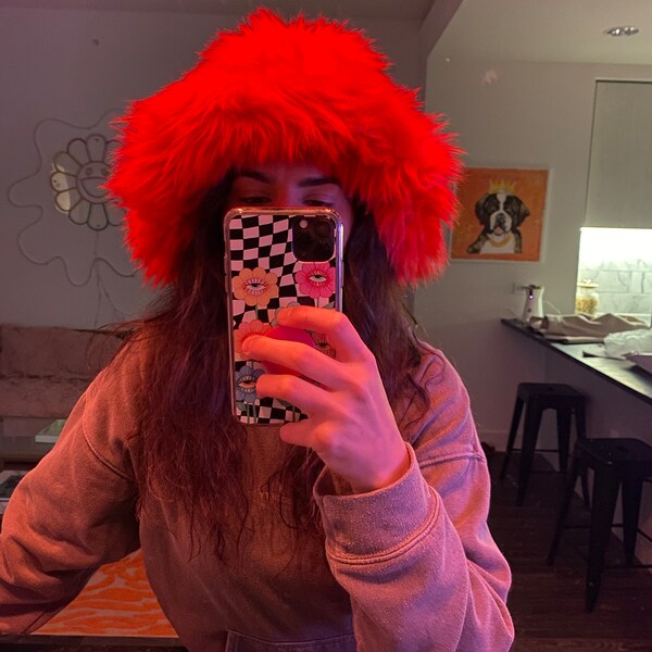 Flame Red Faux Fur Bucket Hat / Floppy Hat / Festival Hat / Fuzzy Fur ...