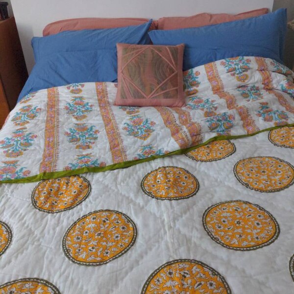 Hand Block Printed Cotton Quilt, Indian Kantha Quilt, Floral Boho Gift ...
