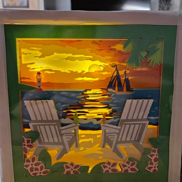 Beach Sunset 3D Box Paper Cut Light Box SVG, Camping Shadow Box SVG ...