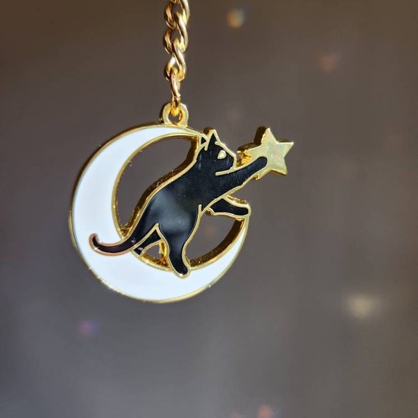 Cat on the Moon Keychain- Cat Playing With Star- Reach for the Stars ...