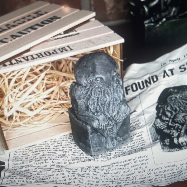 Cthulhu Stone Idol | Newspaper & Crate | Lovecraft Concrete Statue ...