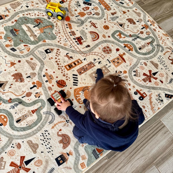 Blue Kids Rug, Train Rail Play Mat, Kids Room Rug With Trolley, Kids ...