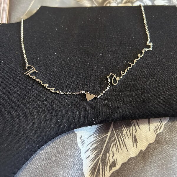 2 Names Necklace With Heart, Personalized Couple Names Necklace, Name ...