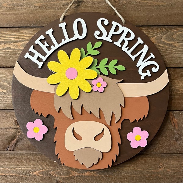 Hello Spring Highland Cow Sign, DIGITAL Download, Round Door Hanger Svg ...