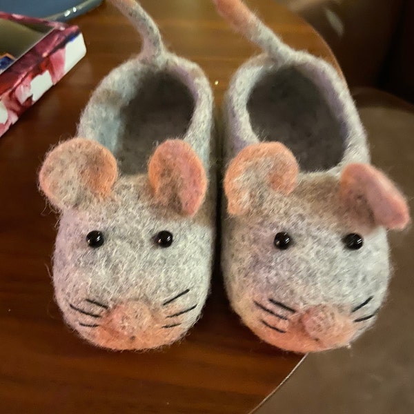 Mouse Slippers Toddler Slippers Handmade Wool Flat Shoes Funny Gray ...