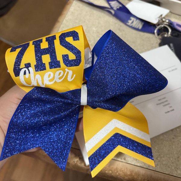 Blue and Gold Yellow Custom Glitter Cheer Bow, Competition Bow, Sparkly ...