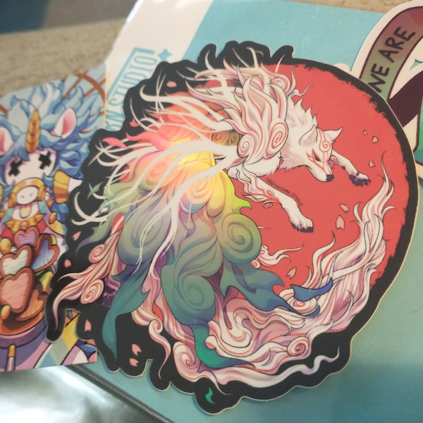 Okami Shiranui Sticker Solar Flare Sunset Holographic Vinyl (3.5 X 3.7 ...