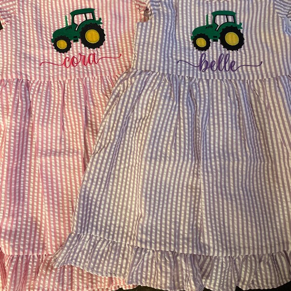 Seersucker Girls Ruffle Dress With Farm Animals | Seersucker Dress ...