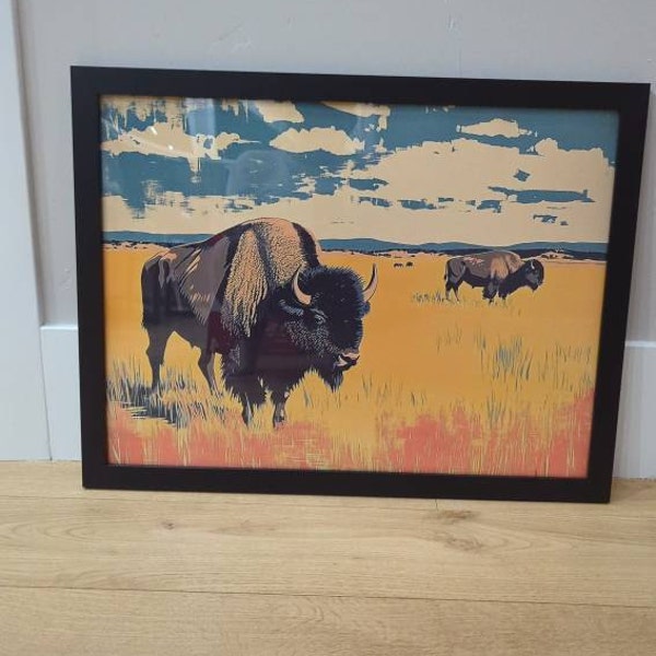 Buffalo Prairie Grazing, Bison Print, Buffalo Print, Mid Century Modern ...