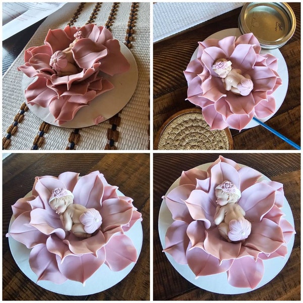 Baby on Flower Cake Topper Girl Baby Shower Cake Topper Pink Lily 3D ...