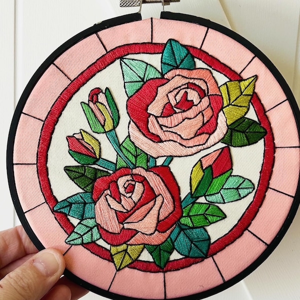 FEBRUARY Roses Stained Glass Monthly Series Embroidery Pattern & Guide ...