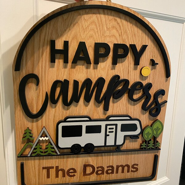 Happy Campers Personalized Welcome Sign | Camper Door Hanger | Wooden ...