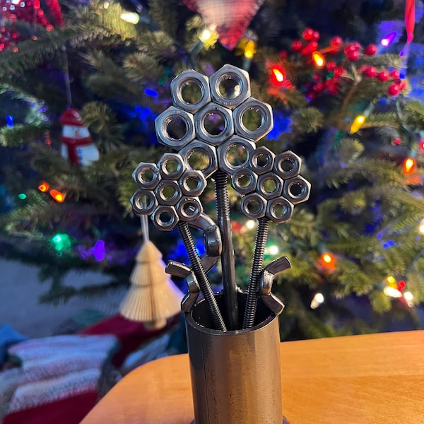 Metal Vase With Three Nuts and Bolts Style Welded Flowers - Etsy