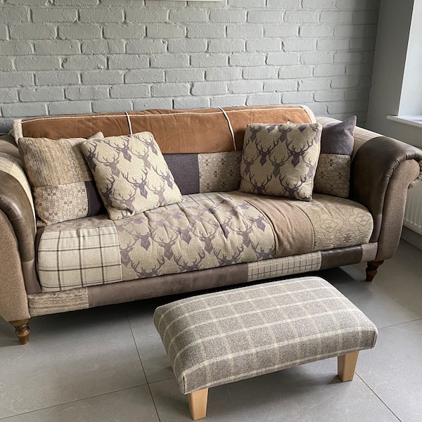 Beautiful Upholstered Large Handmade Grey Check Footstool in Wool ...