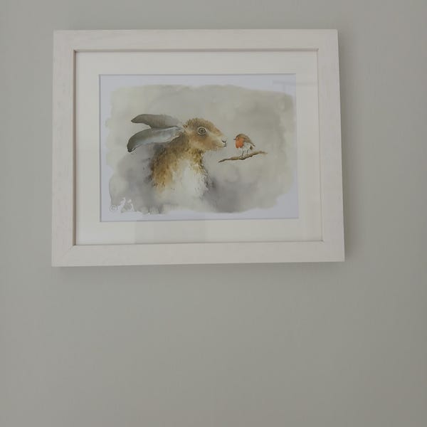 Hare and Robin Framed Watercolour Print (landscape) Hare Painting Robin ...