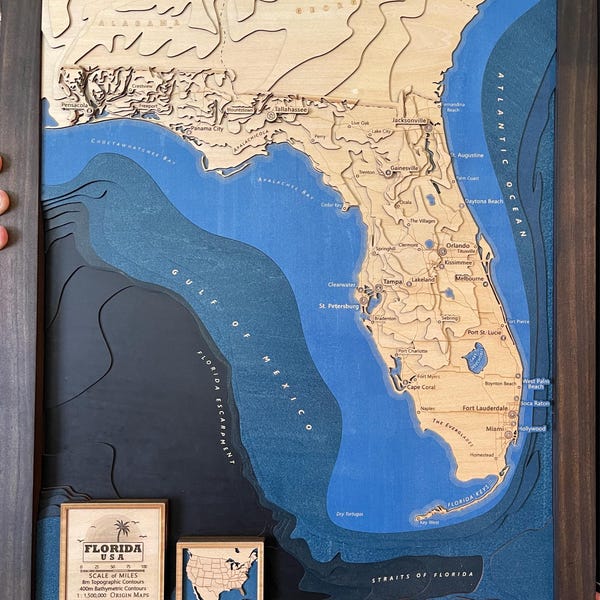 Florida Wooden Map Art Gift Unique Topographic Contour 3D State Map - Etsy