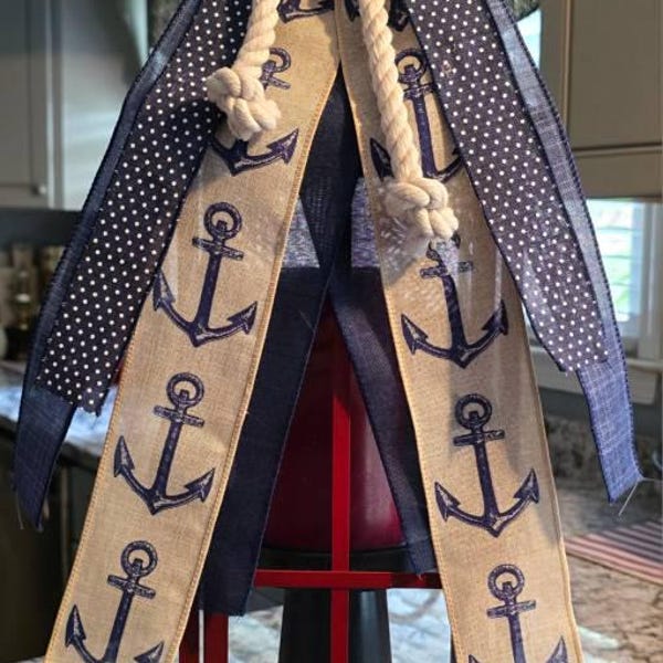 Nautical Bow, Navy Blue, Linen, Anchor Print, Handmade Bow, Cotton Rope ...