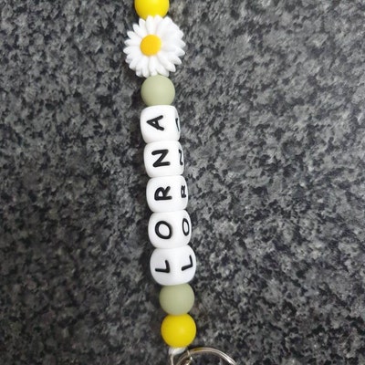 Back to School Personalised Keyring, Beaded Keyring, Flower Key Tag ...