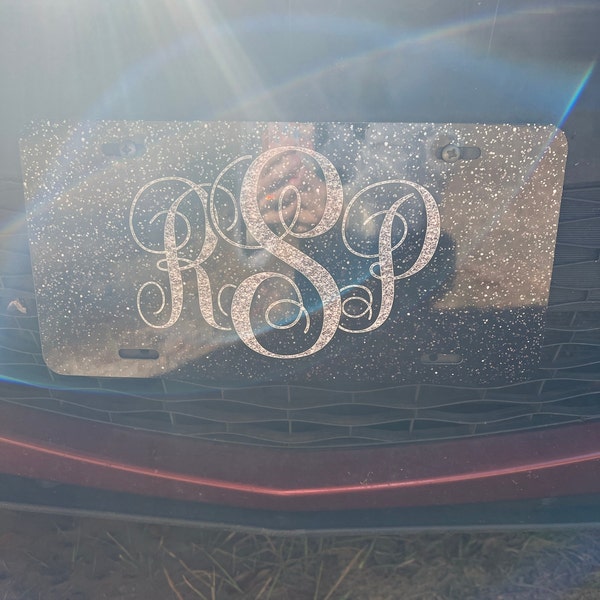 Black Glitter Monogram Printed Aluminum License Plate | Custom Plate ...