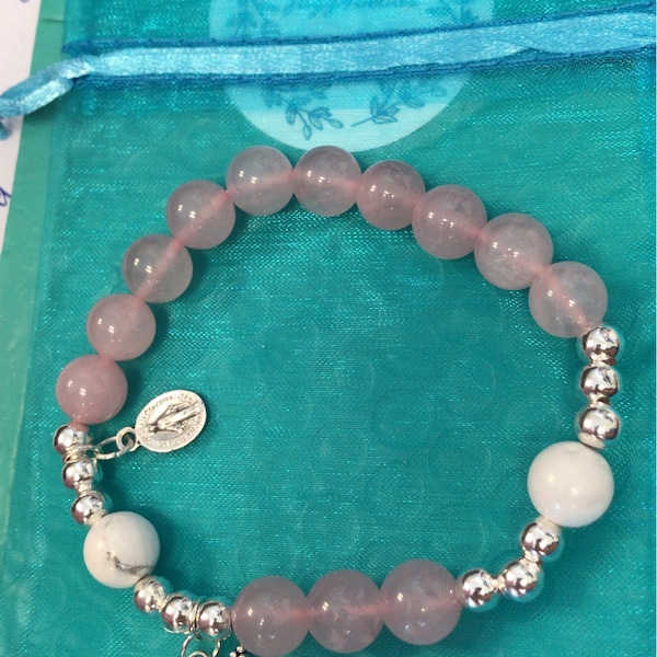 Rosary Bracelet - for Women - Rose Quartz - White Howlite - Stretch ...