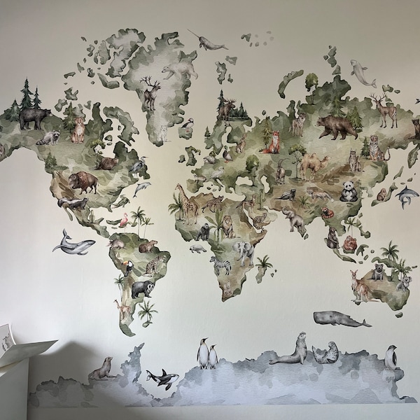WORLD MAP Wall Decal for Kids, World Map Wall Decal, Wall Decal Animals ...