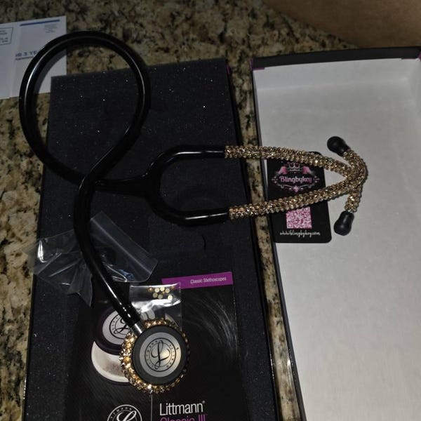 Essential Crown Bling Stethoscope: Custom Littmann, Black With Gold ...