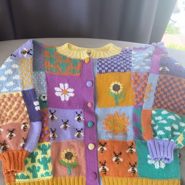 Handknitted Patchwork Jean Jacket With Flowers, Blue Designer Denim ...
