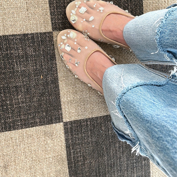 Beige Mesh Flats With Rhinestone Embroidery and Almond Toe, Fishnet ...