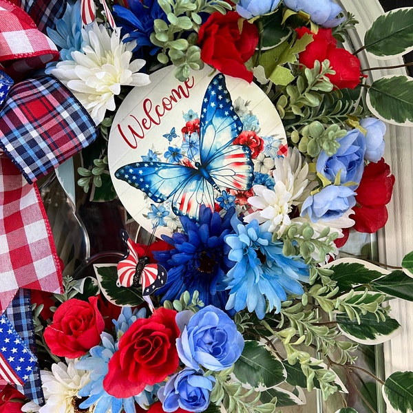 Welcome Patriotic Butterfly Watercolor on Shiplap Background Red White ...