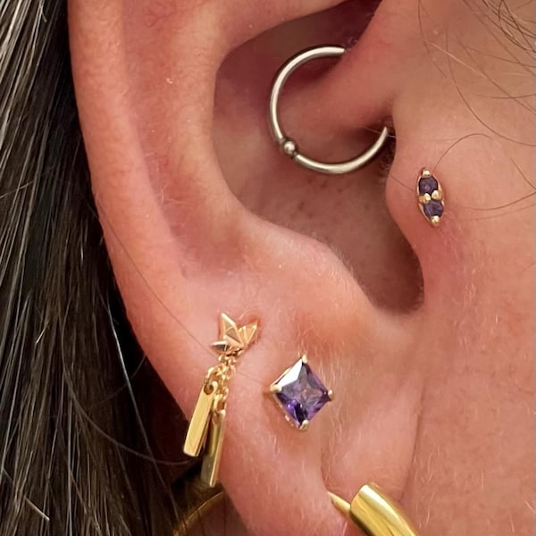 14K Solid Yellow and White Gold Cross stacking Earring Delicate Tiny ...