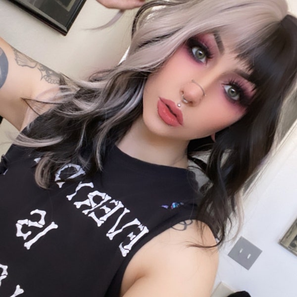 Y2K Black Pink Long Straight Wig With Bangs, Sweet Black Pink Clavicle ...